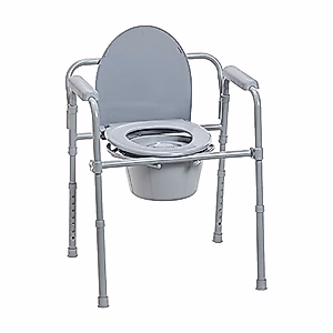 Drive Medical 11148-1 Folding Steel Bedside Commode Chair, Portable Toilet, Supports Bariatric Individuals Weighing Up To 350 Lbs, with 7.5 Qt. Bucket and 13.5 Inch Seat, Grey