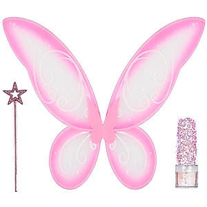 Funcredible Fairy Costume Accessories - Pink Fairy Wings and Fairy Star Wand, Glitter - Tooth Fairy Cosplay Outfit for Women and Girls