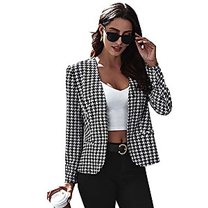 Milumia Women Elegant Open Front Houndstooth Blazer Work Office Jacket Outwear Black X-Large