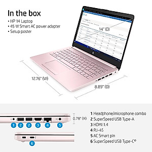 HP Portable Laptop (Include 1 Year Microsoft 365), 14’’ HD Display, 8GB RAM, 64GB eMMC, Intel Quad-Core N4120, Student and Business, Webcam, HDMI, Wi-Fi, RJ-45, Windows 11 Home, Pink