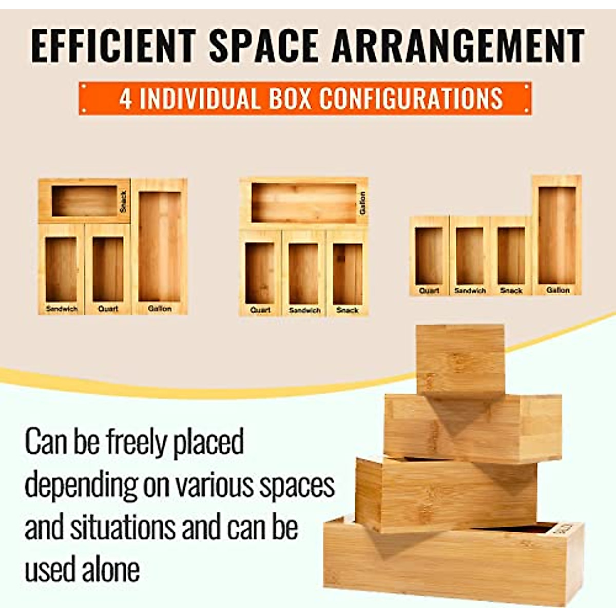 NC Ziplock bag storage organizer, 4 separate Baggie Organizer for Drawer，Bamboo Organizer Compatible with Gallon, Quart, Sandwich and Snack Variety Size Bag