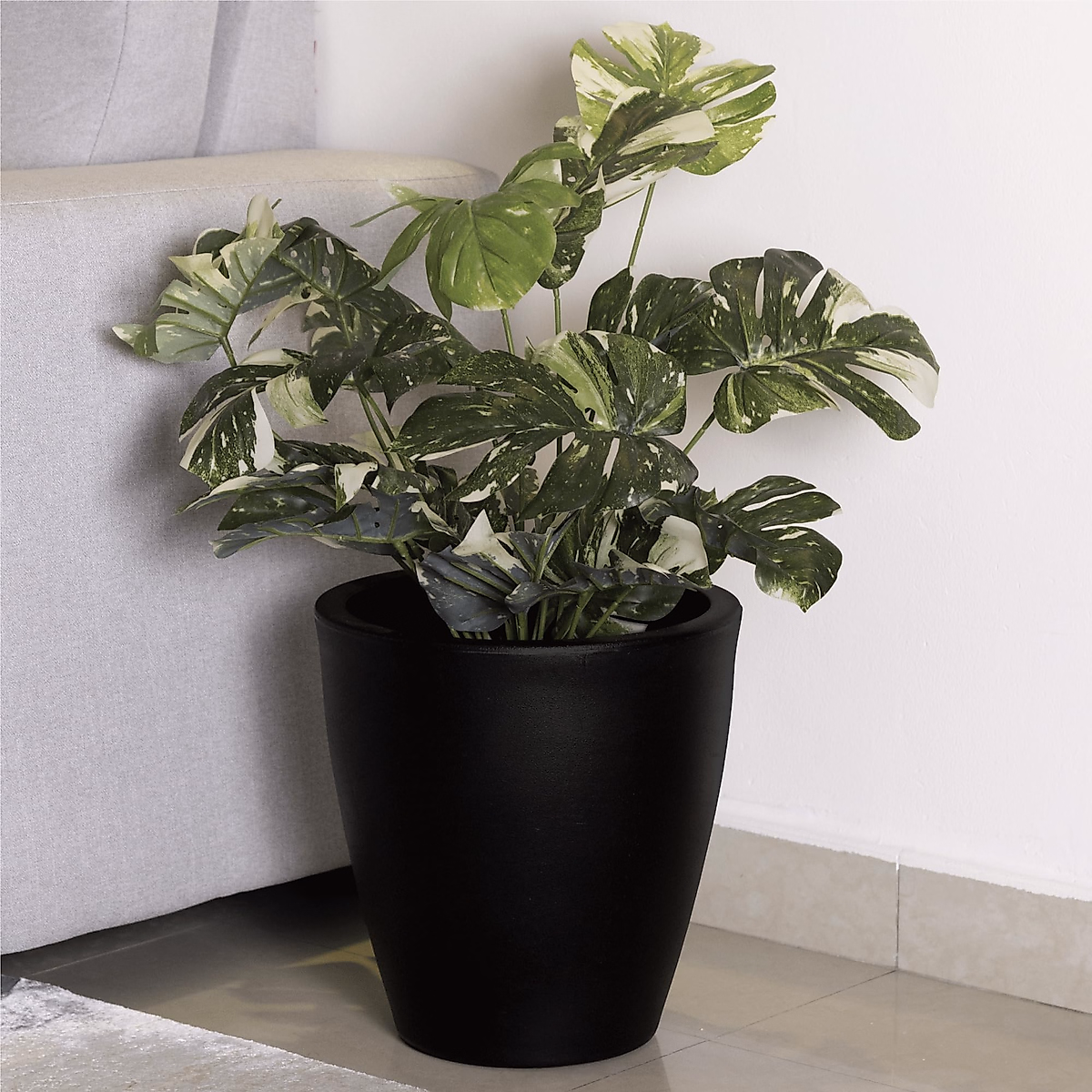 Elly Décor 17 inch Planter for Garden with Drainage, Large Round, Lightweight & Extremely Durable, Deck Indoor/Outdoor Plastic Pot, 17"x15"x9", Black