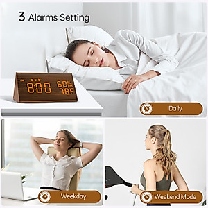 JALL Digital Alarm Clock, with Wooden Electronic LED Time Display, 3 Alarm Settings, Humidity & Temperature Detect, Wood Made Electric Clocks for Bedroom, Bedside (Brown)