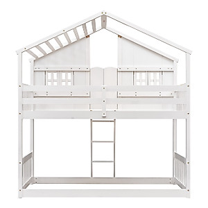DEYOBED Twin Over Twin House Bed, Twin Bunk Beds Frame with Roof and Window Door, Window Box, Ladder, Wooden Playhouse Bunk Bed for Kids Girls Boys Teens, White