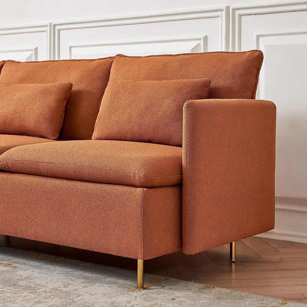 BAMOOLI 92 × 92'' Modular Sectional Couch, Comfy Boucle Teddy Fabric Corner Sofa, L Shape Sectional Sofa 5-Seater Couch with Gold Metal Legs, Corner Couch for Living Room, Bedroom, Apartment, Orange