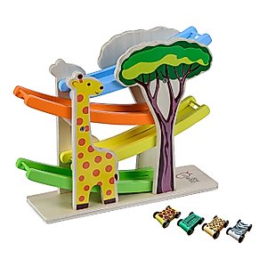 Teamson Kids Preschool Play Lab Wooden Safari Ramp Racer with Animal Print Cars, Multicolor