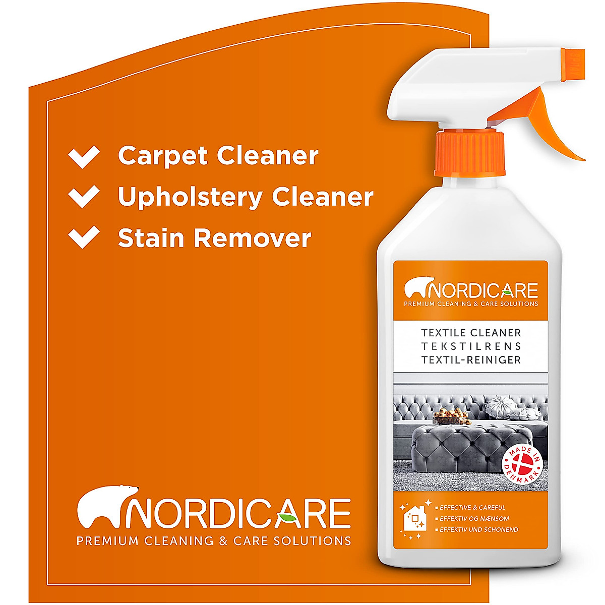Nordicare Fabric & Carpet Stain Remover Spray 16.9 oz - Spot & Stain Remover, Upholstery Cleaner, Fabric Cleaner for all Type of Fabrics, Textiles, Carpet, Cloth, Rugs, Chairs, Sofas-Made in Denmark