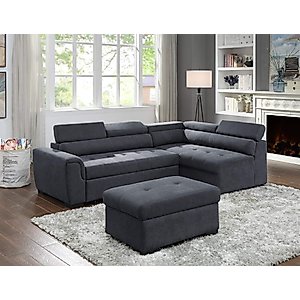 Lilola Home Haris Dark Gray Fabric Sleeper Sofa Sectional with Adjustable Headrest and Storage Ottoman
