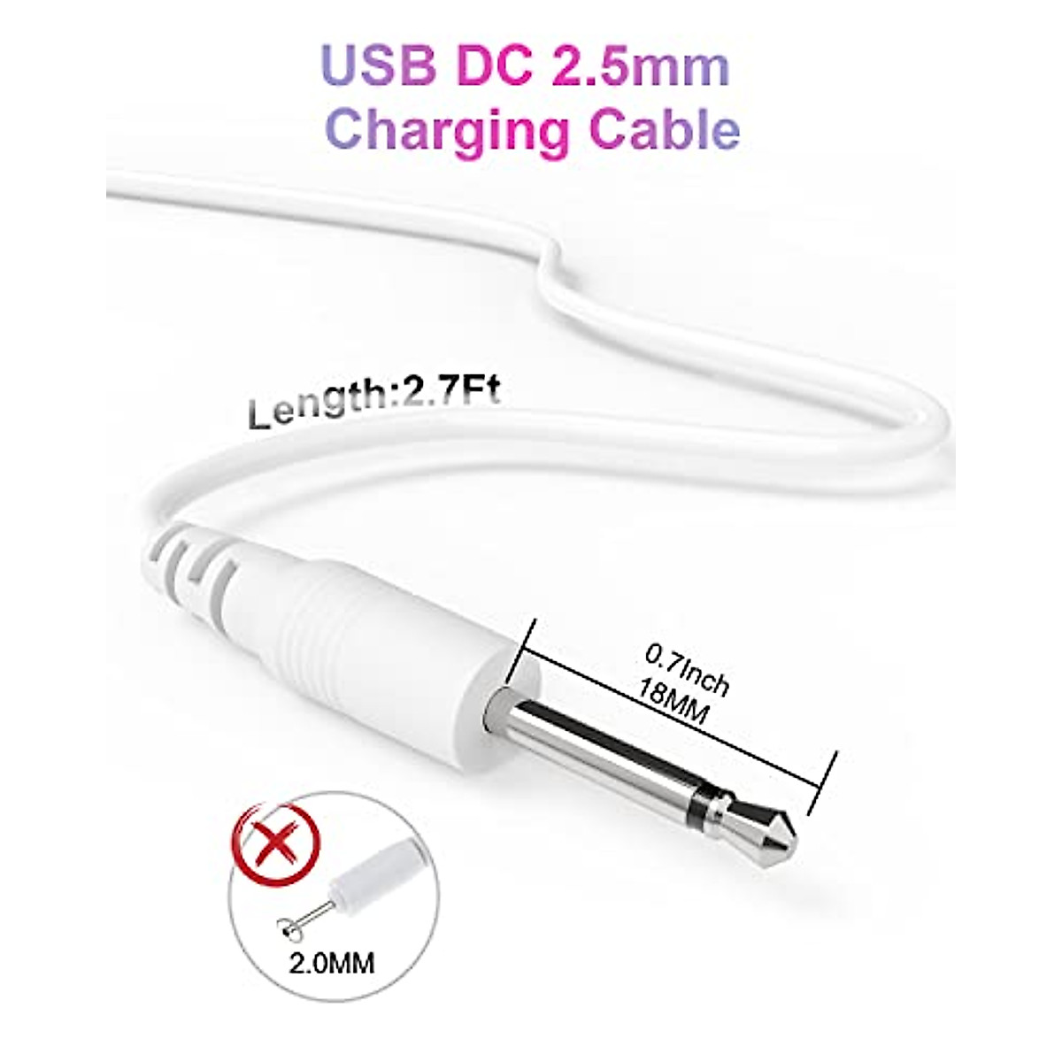 Bicmice USB DC Charging Cable 2.5mm DC Charger Cord 2.7Ft Replacement for Massager-2 Pack(White)