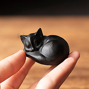 OwMell Tiny Sleeping Cat Statue Hand-Carved Healing Stone Gemstone Little Kitten Statue Figurine 2" - Black Obsidian