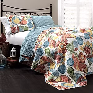 Lush Decor Layla Quilt Floral Leaf Print 3 Piece Reversible Bedding Set, King, Orange & Blue