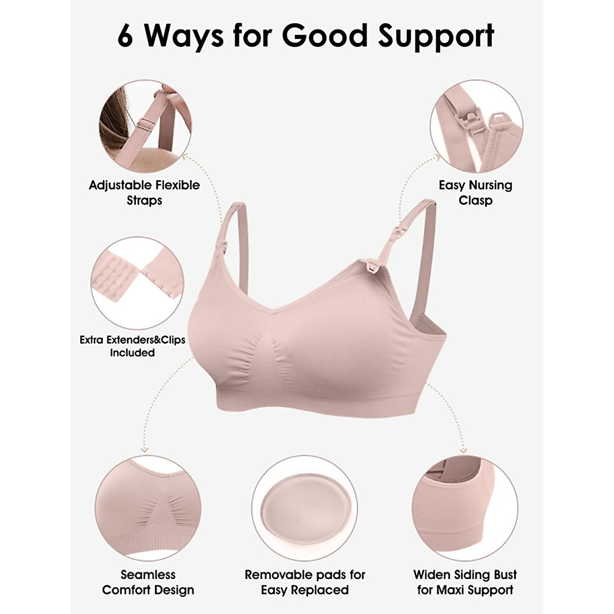 HOFISH 3PACK Full Bust Seamless Nursing Maternity Bras 3Pack Black,Grey,Elegant Pink Large