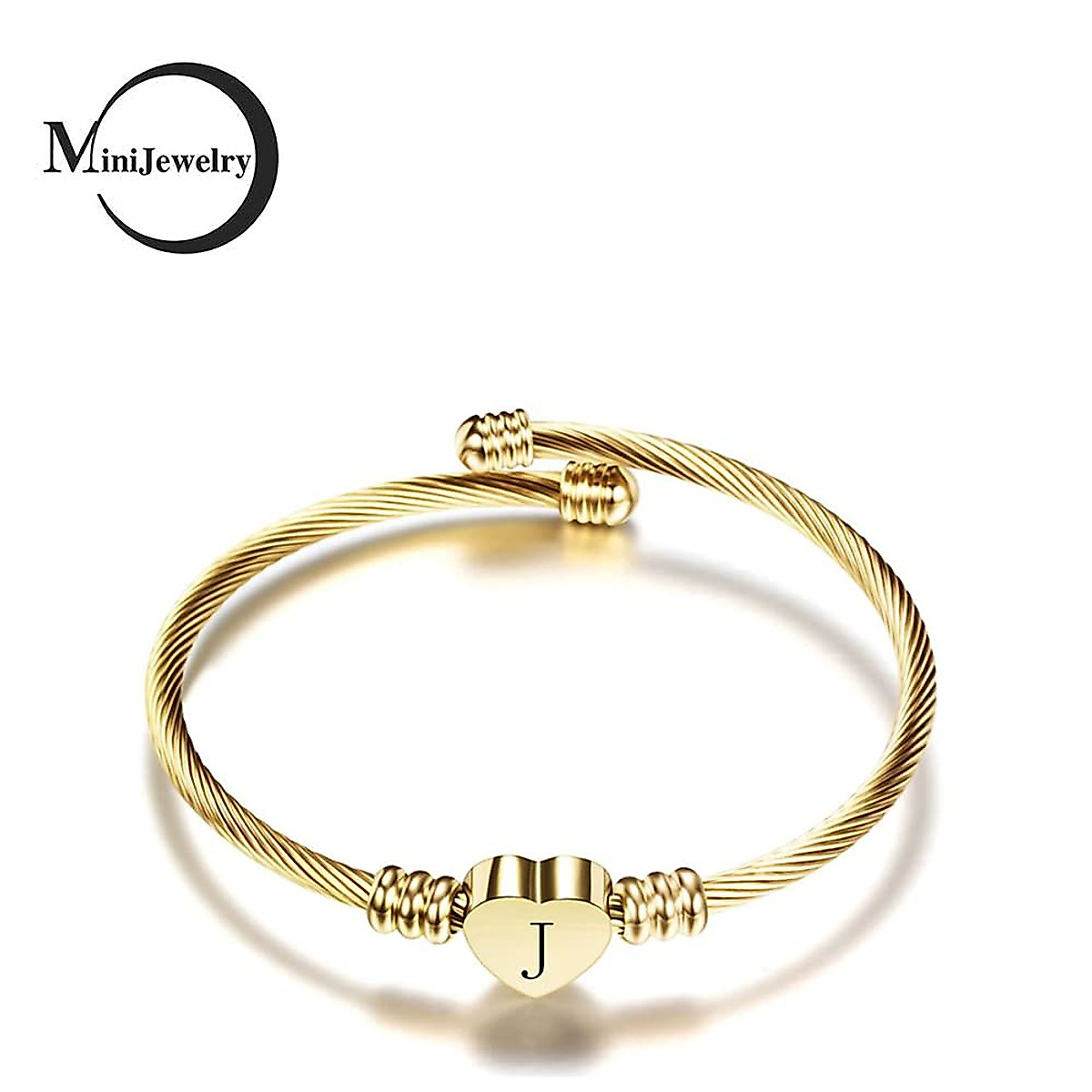 MiniJewelry Gold Women Girls Letter J Initial Bracelets Love Heart Charm Alphabet Name Cuff Bangle Bracelet Stainless Steel