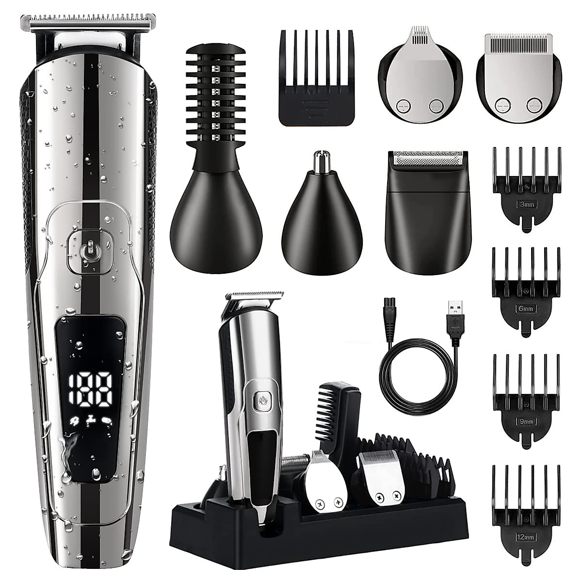 PRITECH 6 in 1 Beard Trimmer for Men Electric Hair Clipper Cordless Mens Grooming Kit, Hair Trimmer & Mustache Trimmer & Nose Hair Trimmer& Micro Shaver Waterproof LED Display(Silver)