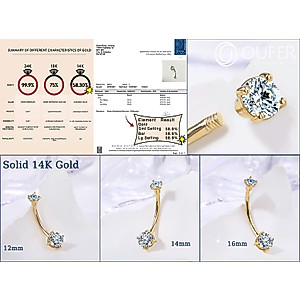 OUFER Gold Belly Button Rings, 14K Solid Gold Belly Rings, Shiny Clear CZ Belly Piercing Jewelry, Navel Rings, Long Navel Belly Rings For Women Men-14MM