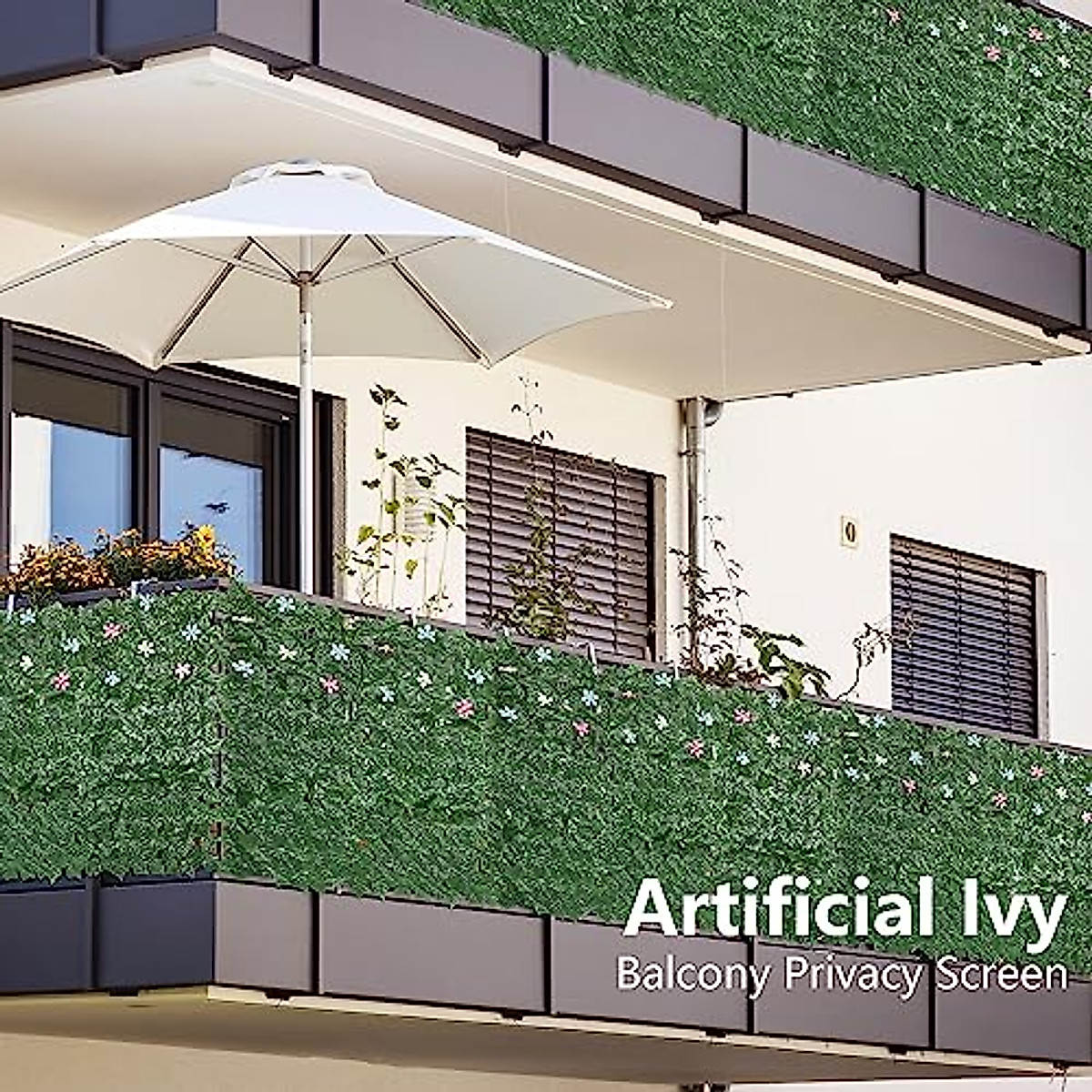OUSHENG 118x39in Artificial Ivy Fence Privacy Screen Cover with Flowers, Faux Vines Leaf Covering Grass Wall Decoration for Outdoor Patio Balcony Apartment Backyard Deck Garden