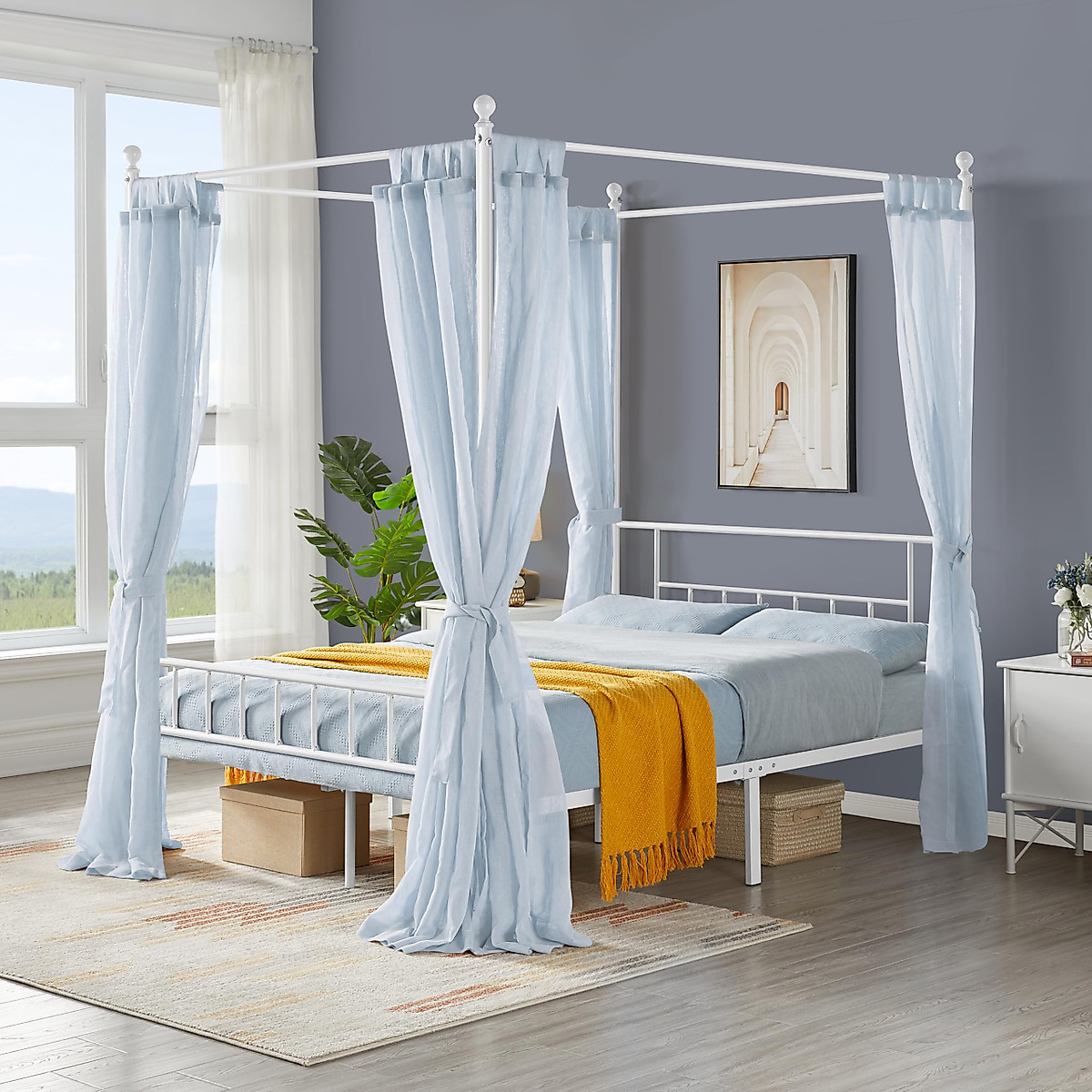 Yaheetech Metal Canopy Platform Bed Frame Four-Poster Canopied Bed Mattress Foundation with Headboard and Footboard Sturdy Slatted Structure No Box Spring Needed Easy Assembly Full White