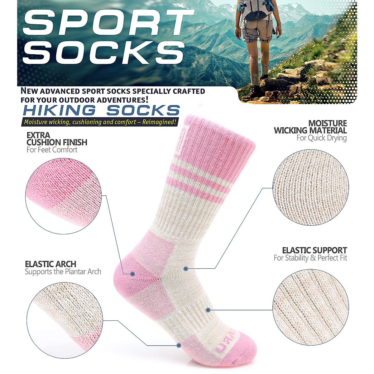 MIRMARU Women’s 5 Pairs Hiking Socks- Moisture Wicking Outdoor Athletic Sports Cushion Crew Socks (M231-MEDIUM)