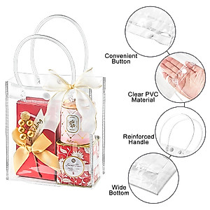CLUEWR 50 Pack Clear Gift Bags with Handles, Reusable PVC Plastic Bags with Ribbons Transparent Party Favor Bags Gift Wrap Bags, 5.9 x 4.92 x 2.75 Inches