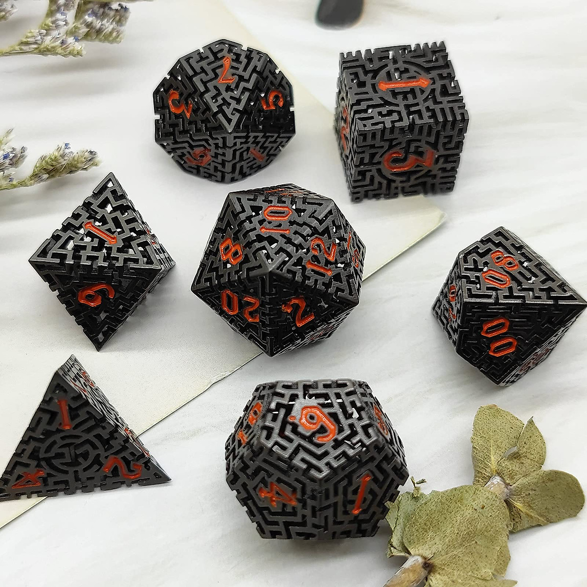 DND Metal Hollow Dice 7 Piece Set - (Free Metal Box) Maze Polyhedron Dice Suitable for Board Game RPG Math Teaching Warhammer MTG Game Dice （Pearl Gun）