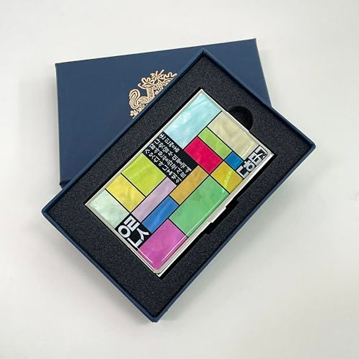 Mother of Pearl Business Card Case Credit Id Name Holder Travel Wallet Art Painting Design Metal Stainless Steel Engraved Slim Purse Pocket Cash Money Wallet (Patchwork)