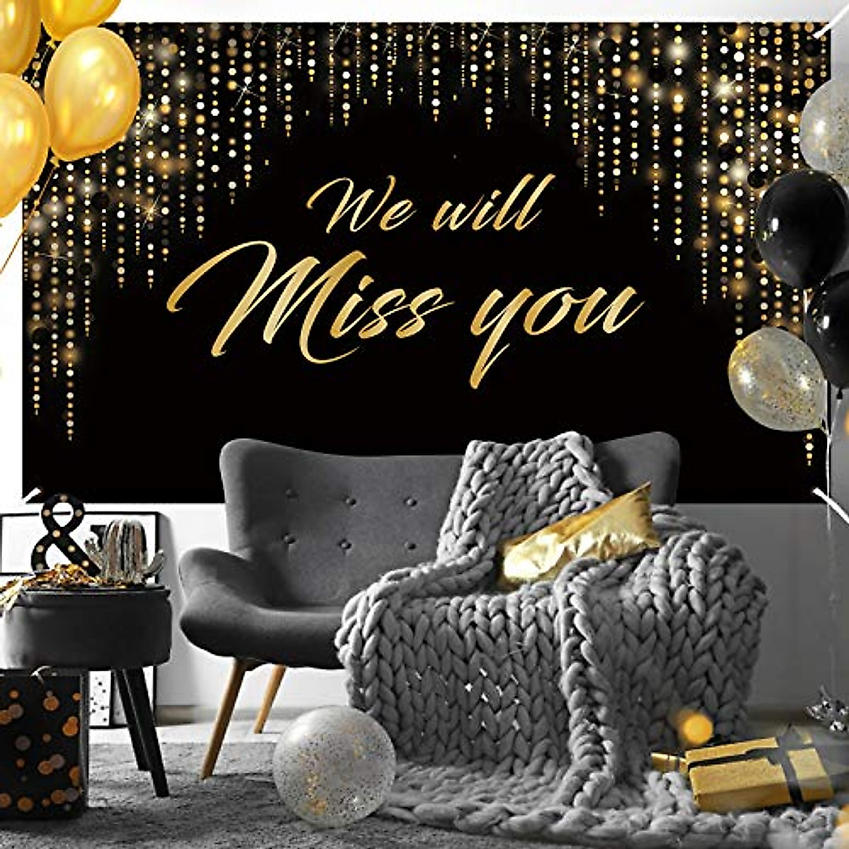 Luxiocio We Will Miss You Banner Decorations, Extra Large Going Away Party Backdrop Supplies, Black Gold Farewell Party Retirement Graduation Office Work Party Poster Photo Booth(6 x 3.6ft)