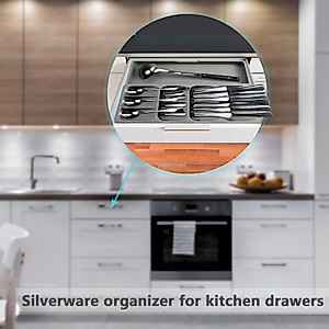 KAKUNM Flatware Drawer Organizer Expandable Adjustable Utensils Silverware Tray for Drawer, Spoon Knife and Fork Partition Storage,Large, Gray