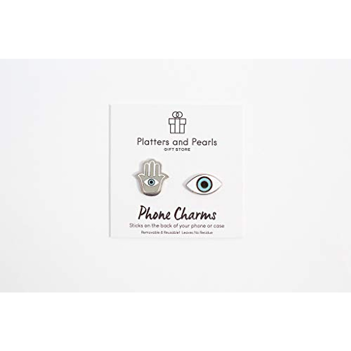 Metal Charm Stickers for Cell Phone Cases. Evil Eye and Hamsa Set of 2 Reusable & Removable Leaves No Residue. Universal Spiritual Symbols of Protection and Good Luck. (Evil Eye and Hamsa Hand.)