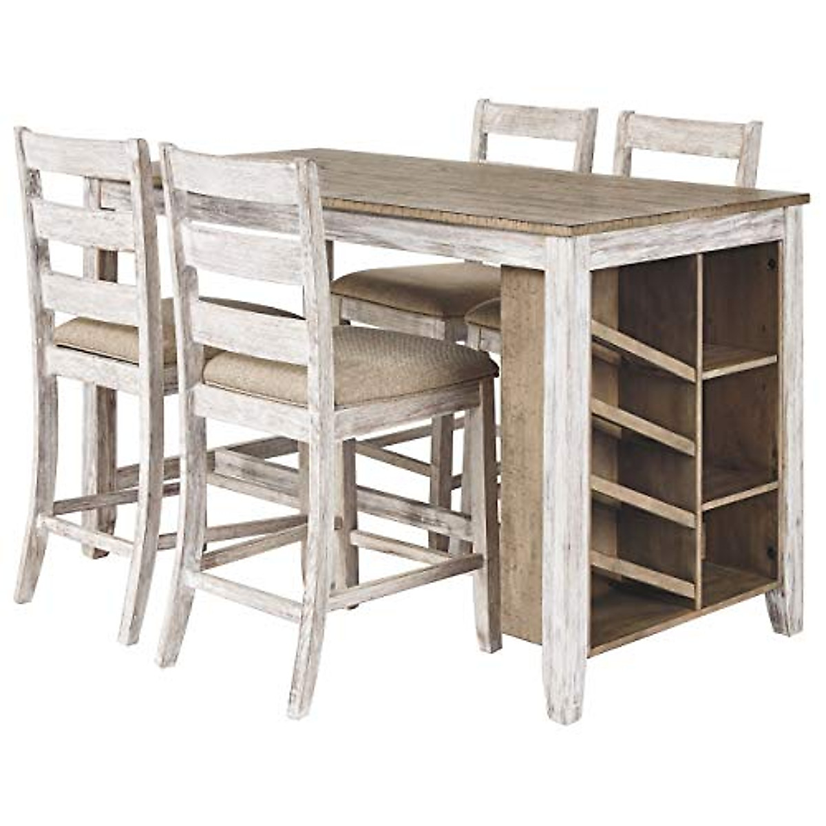 Signature Design by Ashley Skempton Farmhouse 36" Counter Height Dining Table with Storage & Wine Rack, Whitewash & Skempton 24" Counter Height Upholstered Barstool, Set of 2, Antique White