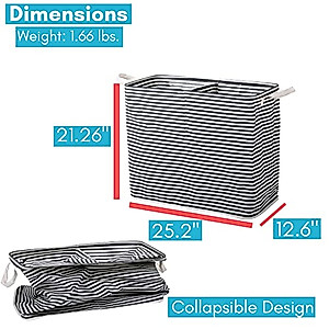 BIRDROCK HOME 112L Collapsible Double Laundry Hamper Basket - Grey & White Stripes Sorter Bin - Compact Dirty Clothes Organizer Bag - Divided Section