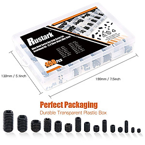 Rustark 450Pcs M3/M4/M5/M6/M8 Allen Head Socket Hex Grub Screw Set Assortment Kit with Internal Hex Drive - 12.9 Class Black Alloy Steel