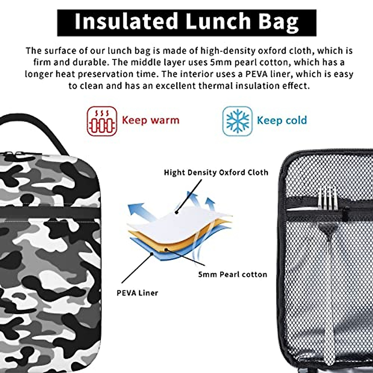 Eztrxuvl Black Camo Lunch Bags For Men Women Boys Girls Reusable Insulated Lunch Box Lunch Container Tote Bags For Office Work School Picnic Camping Thermal Insulation And Cold Preservation