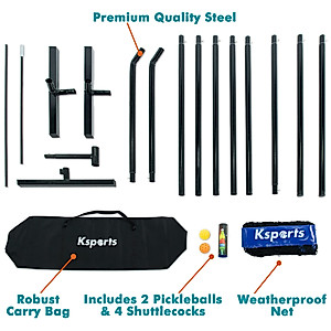 Ksports 22 Feet Multifunctional Nylon Pickleball Net with 4 LED Shuttlecocks, Carry Bag and 2 Game Balls for Badminton and Tennis, for Sports, Blue