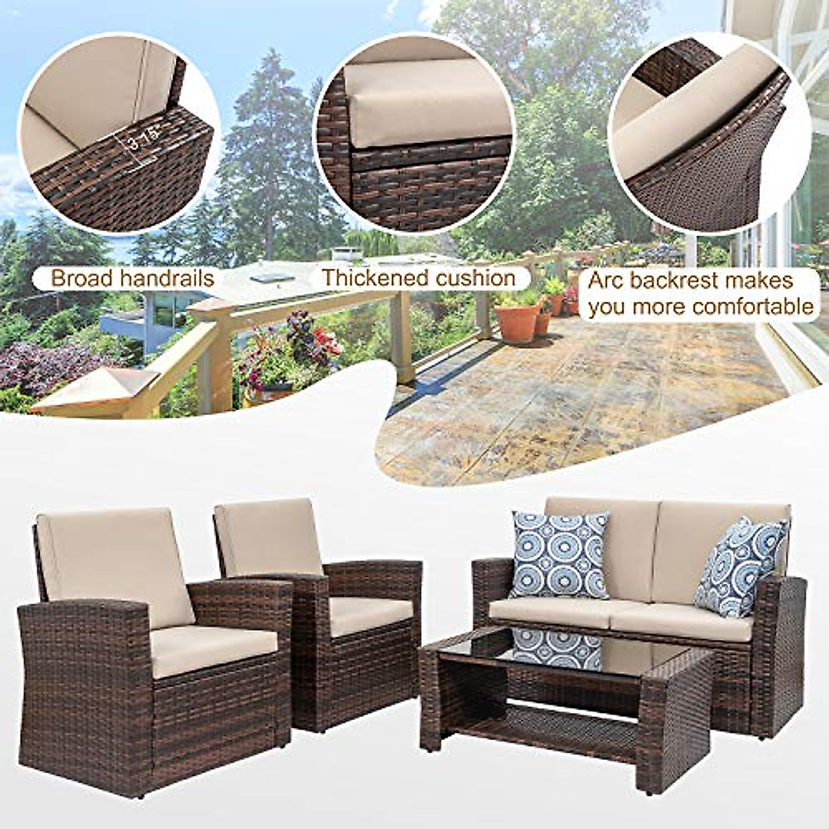 Shintenchi Outdoor Patio Furniture 4 Piece Set, Wicker Rattan Sectional Sofa Couch with Glass Coffee Table | Brown