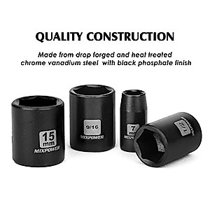 MIXPOWER 50 Pieces 1/4" Dr. Impact Socket Set, CR-V, 6 Point, SAE/Metric, 5/32 Inch - 9/16 Inch, 4mm - 15mm, Shallow/Deep