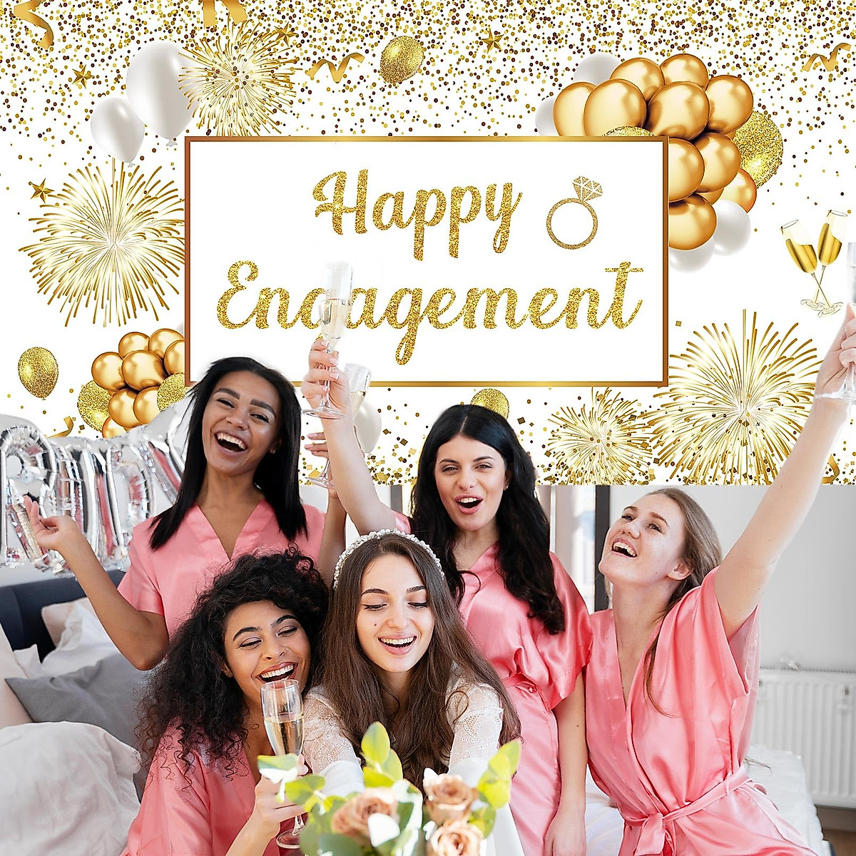 White Gold Engagement Party Decorations Happy Engagement Banner Large Engaged Banner Backdrop Decorations Congratulations Engagement Party Decor Just Engaged Banner Pre-Wedding Party Decor