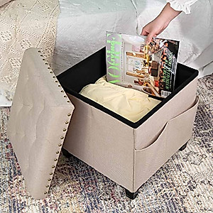 Brakki Storage Ottoman Cube Square Ottoman Foot Rest Cube with Side Pocket,15.7 Inches Storage Bench for Bedroom Living Room Linen Fabric with Wooden Legs Folding Beige Ottoman