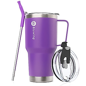 Bluwing Insulated Tumbler with Handle 30 oz Stainless Steel Travel Coffee Mug with Lid and Straw, Double Wall Tumbler Cups for Women and Men (Purple)