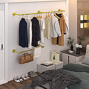MOUTIK Industrial Pipe Clothes Hanging Rack: Wall Mounted Iron Clothing Storage Hanger Rod - Heavy Duty Multi-Purpose Metal Garment Bar for Closet Laundry Room Gold