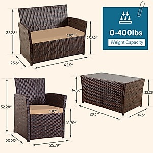 HYDRAGARDEN 4 Piece Patio Furniture Set, Outdoor Wicker Conversation Sets with Cushion, Rattan Sofa Chair for Backyard Lawn Garden (Brown Wicker/Brown Cushion)