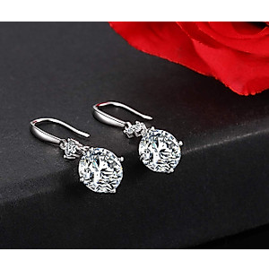 Drop Dangle Earrings 925 Sterling Silver Hook with 9MM 2.75ct CZ and 2pcs Small Cubic Zirconia Design 14K White Gold Plated Hypoallergenic Gorgeous Gift for Women and Girls (White gold)
