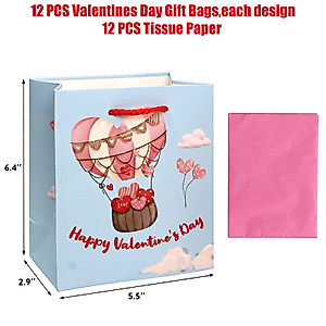 12 Pcs Valentine's Day Paper Gift Bags 5.5 * 6.5 * 2.9" with Tissue Paper for Kids Party Favor Classroom Exchange Prizes Present Wrapping