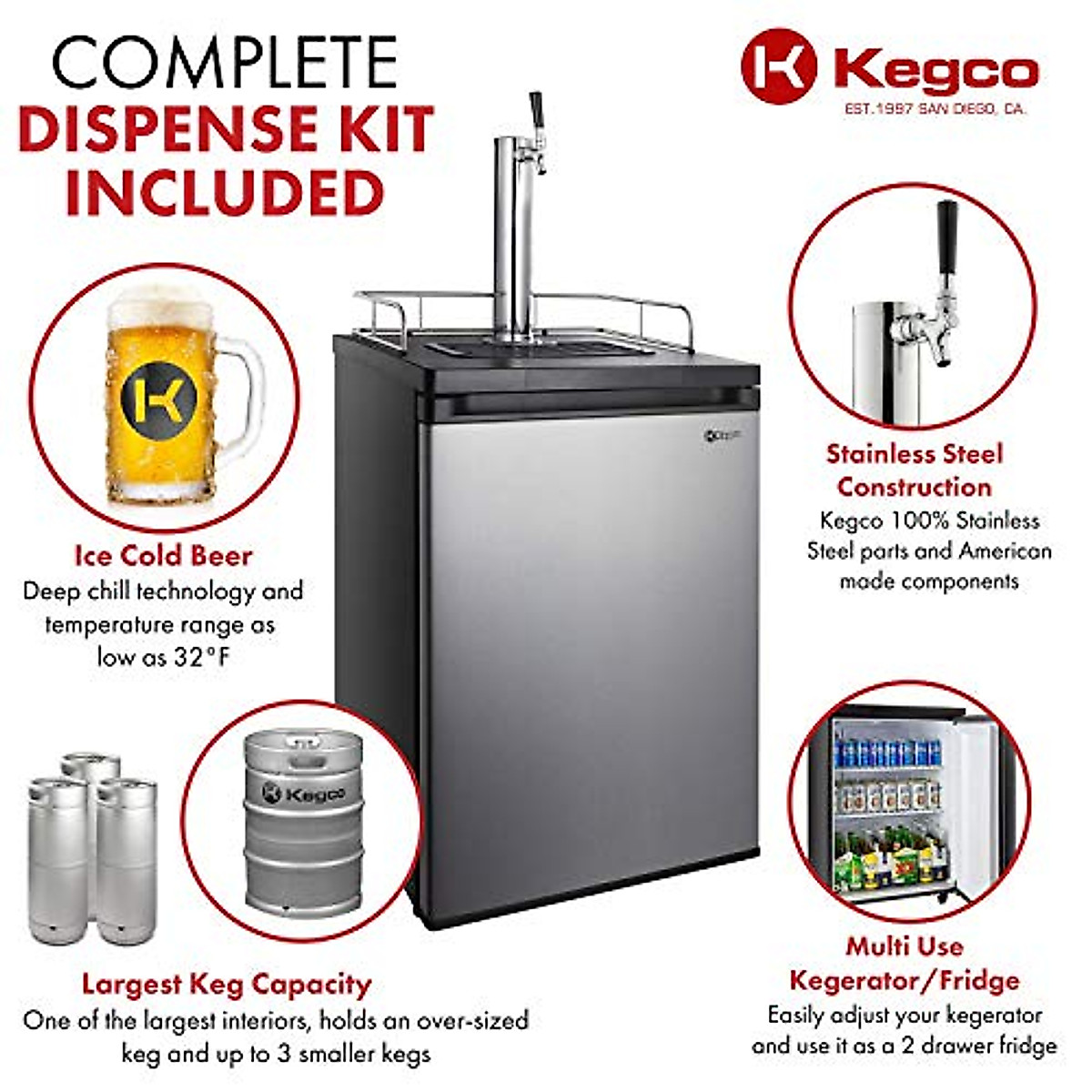 Kegco Kegerator Full Size Keg Refrigerator - Single Faucet - D System, Stainless Steel