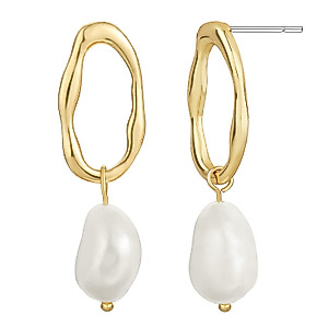 SPECCI 18K Gold Plated Pearl Dangle Earrings, Baroque Pearl Drop Earrings, Trendy Pearl Dangle Hoop Earrings for Women Girls