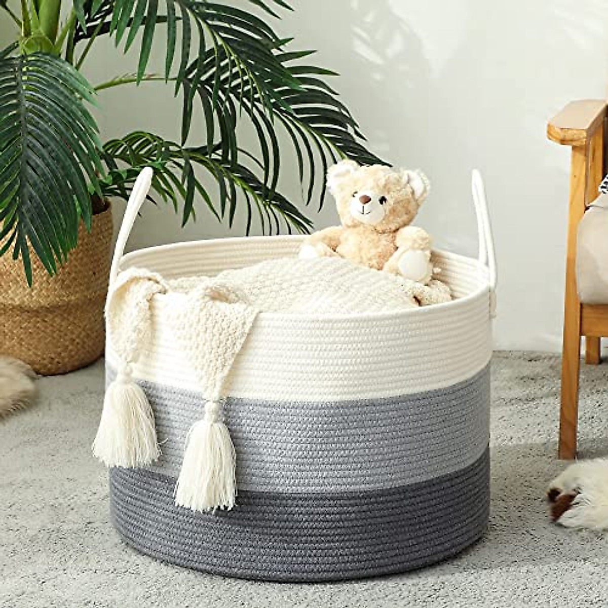KAKAMAY Large Cotton Rope Blanket Basket (20"x13"),Woven Baby Laundry Hamper，Blanket Basket for Nursery, Laundry, Living Room, Pillows, Toys （White/Beige/Grey）