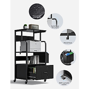 Gizoon 42'' Home Office Printer Stand with Storage Drawer, 3 Tier Large Tall Printer Shelf Cart W/Lockabel Rolling Wheels, Versatile - Black