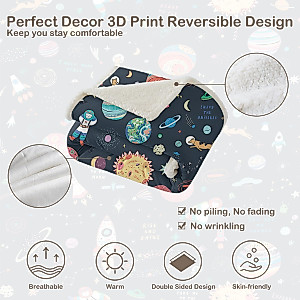 Sleepwish Outer Space Sherpa Plush Blanket for Boys Ship Planet Astronaut Fleece Throw Blanket for Sofa Couch Travel, Throw(50"x60")