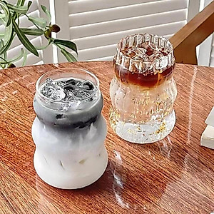 2 Pcs Ribbed Glass Cups, 18 Oz Vintage Drinking Glassware with Wave Shape Design, Bubble Cups for Iced Coffee, Juice, Beverage, Milk, Cocktails, Bubble Tea, and More