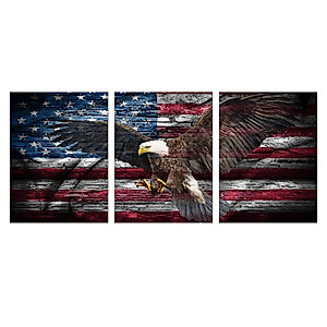 KALAWA American Flag Wall Art Eagle Canvas Independence Day Artwork Red White Blue Painting Patriotic Concept Wall Decor the USA Flag Home Decor 3 Panels Print for Living Room Framed Ready to Hang