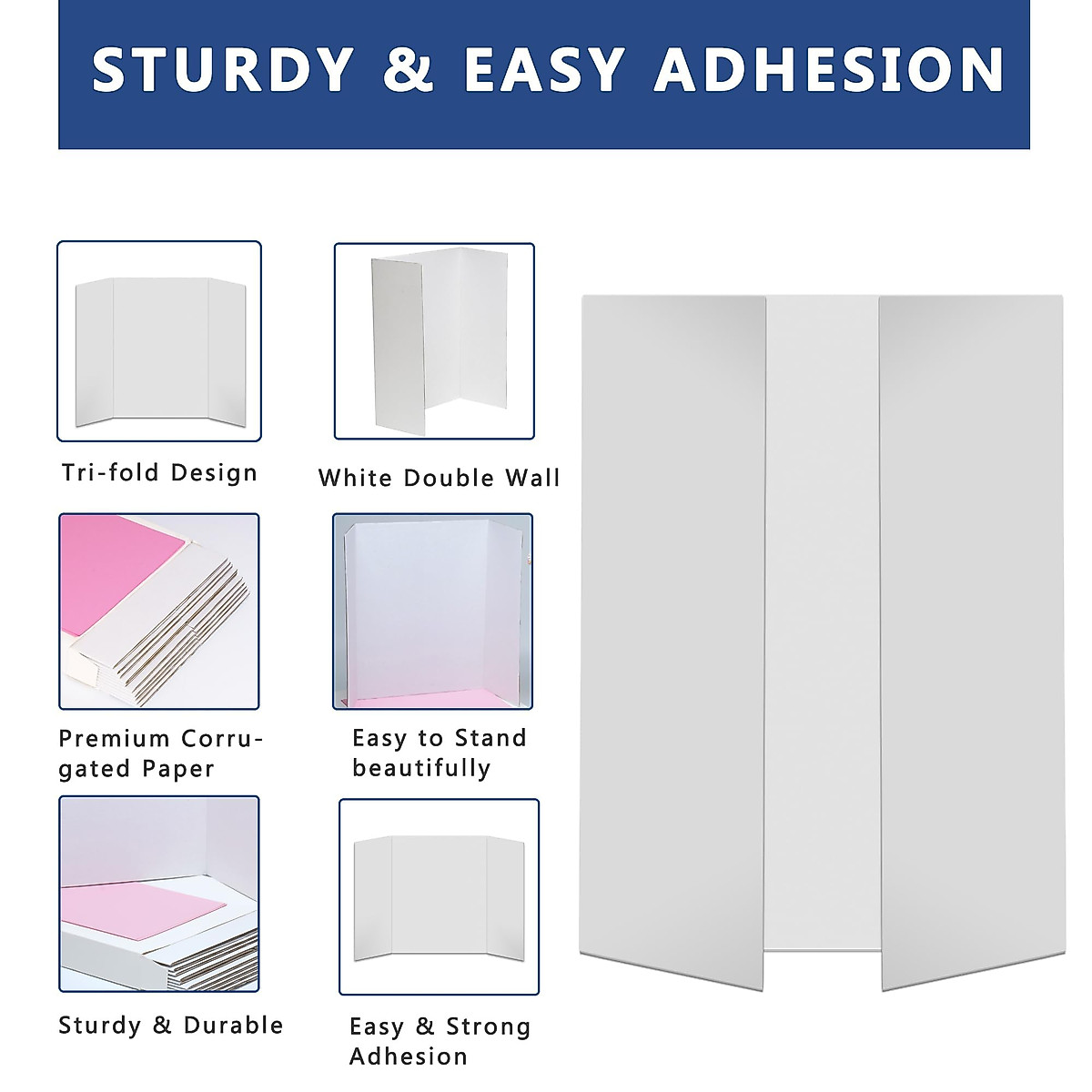 Rsgift 4 Pcs Small Tri-fold Poster Boards with Double Sided Tapes and Cardboard,21.2x13.8 inches,Corrugated Presentation Boards, Display Boards for School Project,Exhibitions,Business Presentation